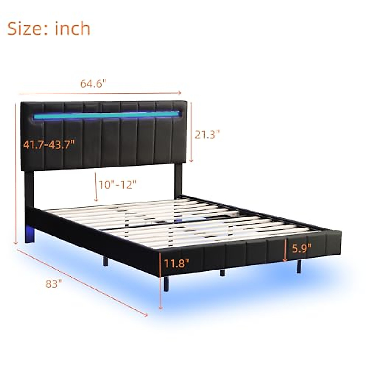 WADRI Modern Queen Size Upholstered Platform Bed, Full Size Floating Bed Frame with LED Lights and USB Charging, LED Bed Frame for Kids Teens Adults, No Box Spring Needed (Black + PU-79X)