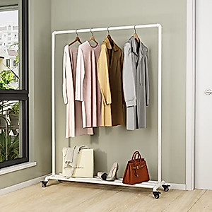 FONECHIN Industrial Clothing Rack on Wheels, Boutique Display Clothes Rack with Shelf, Rolling Garment Rack for Retail Use (White)
