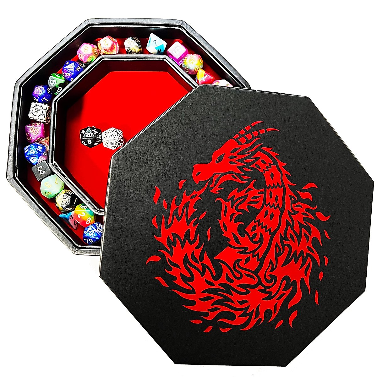 Fantasydice Red Fire Dragon Dice Tray with Lid – 9" Octagon with Dice Staging Area, Holds 5 Dice Sets – Perfect for D&D, Call of Cthulhu, Shadowrun, and All Tabletop RPGs
