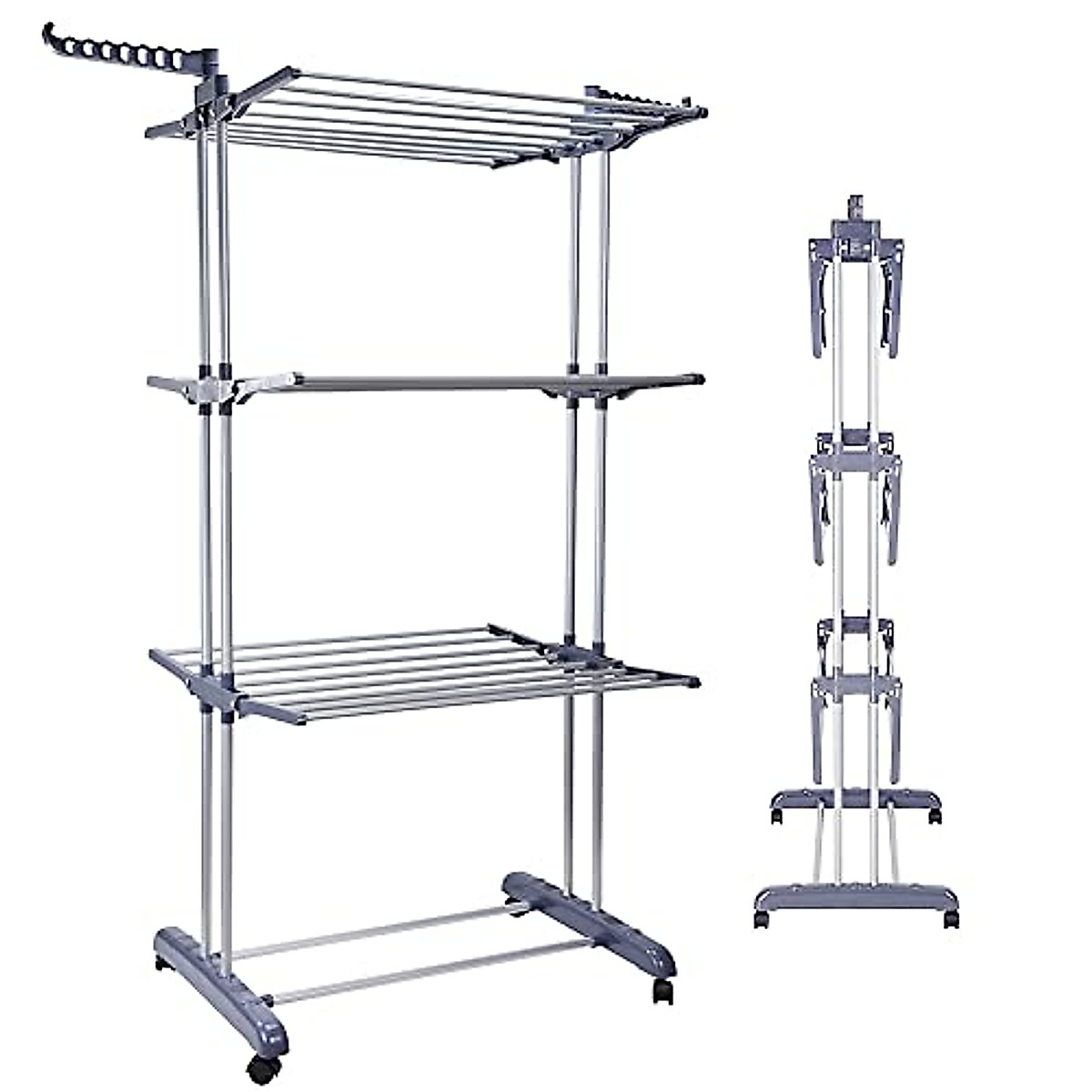 Voil 3 Tier Clothes Drying Rack Clothes Airer,Foldable Laundry Outdoor Indoor Heavy Duty Clothing Horse Garment Dryer Stand on Wheel