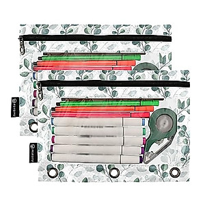 Floral Leaf Pencil Pouch for 3 Ring Binder 2 Pack Binder Pouches with Clear Window Binder Pencil Bag Case with Zipper for Office Supplies