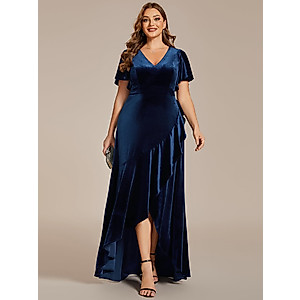 Ever-Pretty Women's V Neck High Waist Velvet Plus Size Mother of The Bride Dress Navy Blue US14