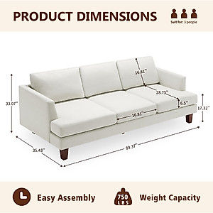Busaurus 3 Seater Sofa Couch with Deep Seats, 89" Mid Century Modern Upholstered Sofa with Armrests, Comfy Couches for Living Room, Bedroom, Apartment and Office (Beige)