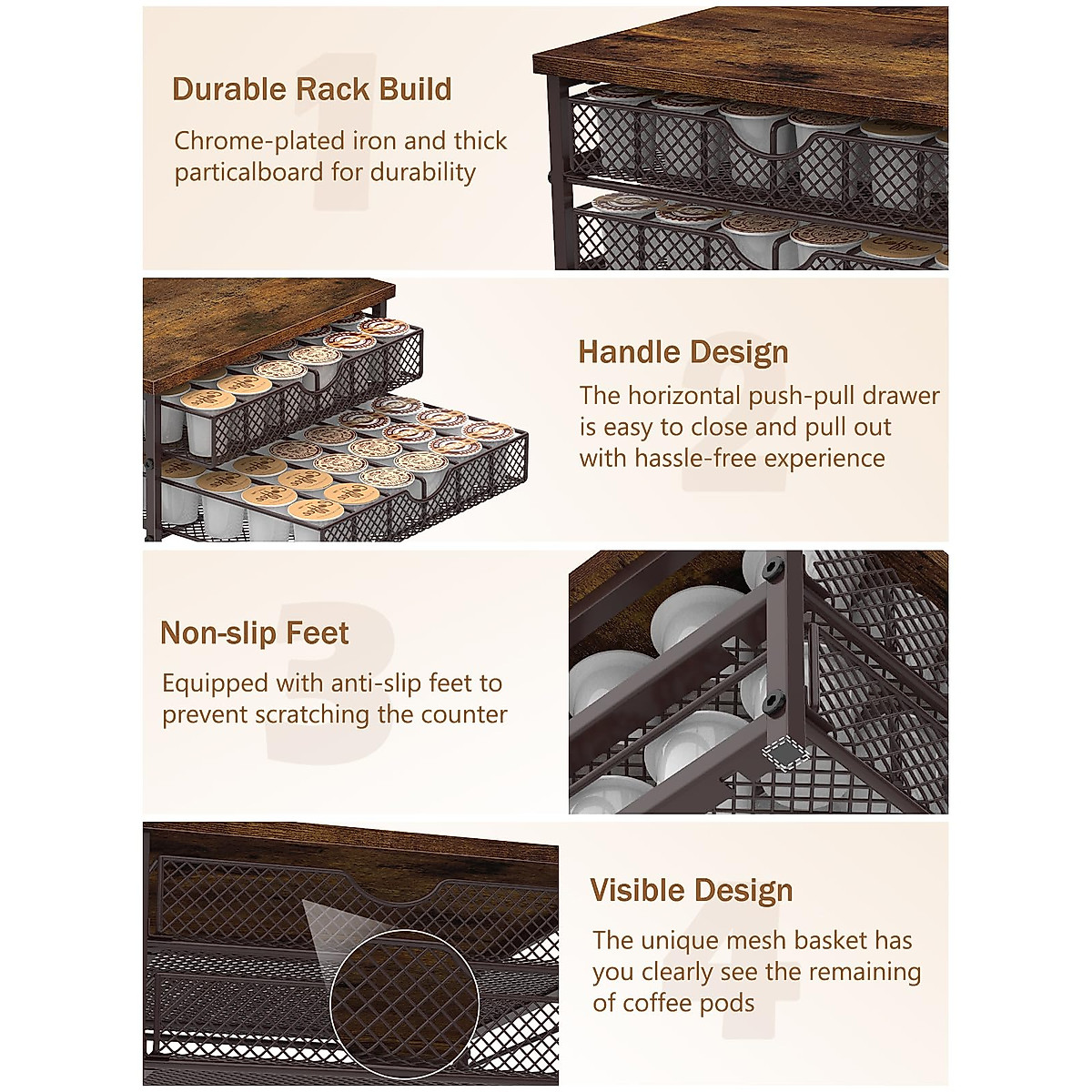 MOOACE Coffee Pod Holder for K Cup Holder Drawer Holder, Coffee Pod Drawer For Counter, 2 Tier K-Cup Storage With Sliding Baskets, 72 Capacity Pods Organizer Cups Capsule for Coffee Station, Brown