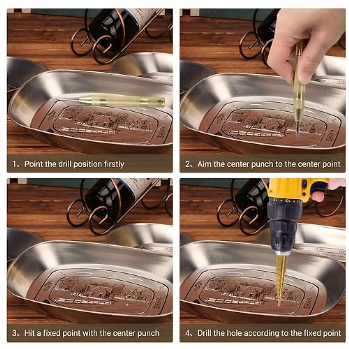 QEZEZA Step Drill Bits 4Pcs Set, High-Speed Steel Step Drill Bit Set with Automatic Spring Loaded Center Punch Power Tools