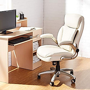 AmazonCommercial Ergonomic Executive Office Desk Chair with Flip-up Armrests and Adjustable Height, Tilt and Lumbar Support, Cream Bonded Leather, 29.5"D x 28"W x 43"H