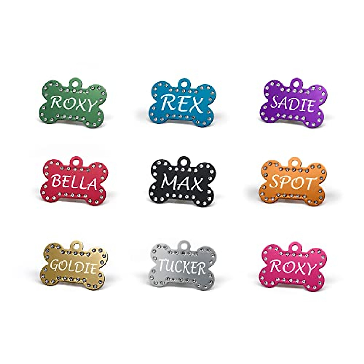 Custom Engraved Pet ID Tags with Swarovski Crystal - 1.5" Long x 1" Tall, Anodized Aluminum, Bone Shape, Purple