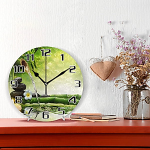 TropicalLife Flower Japanese Zen Wall Clock, Garden Stone Bamboo Silent Non Ticking Round Clock for Home Kitchen Bedroom Desktop Stand Bathroom Living Room Decor Office Classroom Clock Art 9.5 Inch