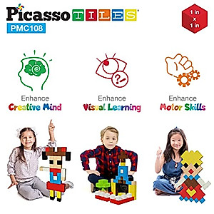 PicassoTiles Magnetic Toy_Building_Block Cubes Building Block, 3D Cube Construction Toy with Free Idea Book for Kid, Baby, Boy, Girl & Toddlers 108 Piece