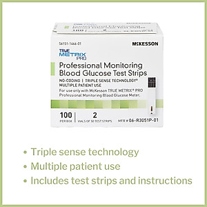 McKesson TRUE METRIX PRO Professional Monitoring Blood Glucose Test Strips - No Coding, Triple Sense Technology, Multiple Patient Use - Vials of Strips, 100 Strips, 1 Pack
