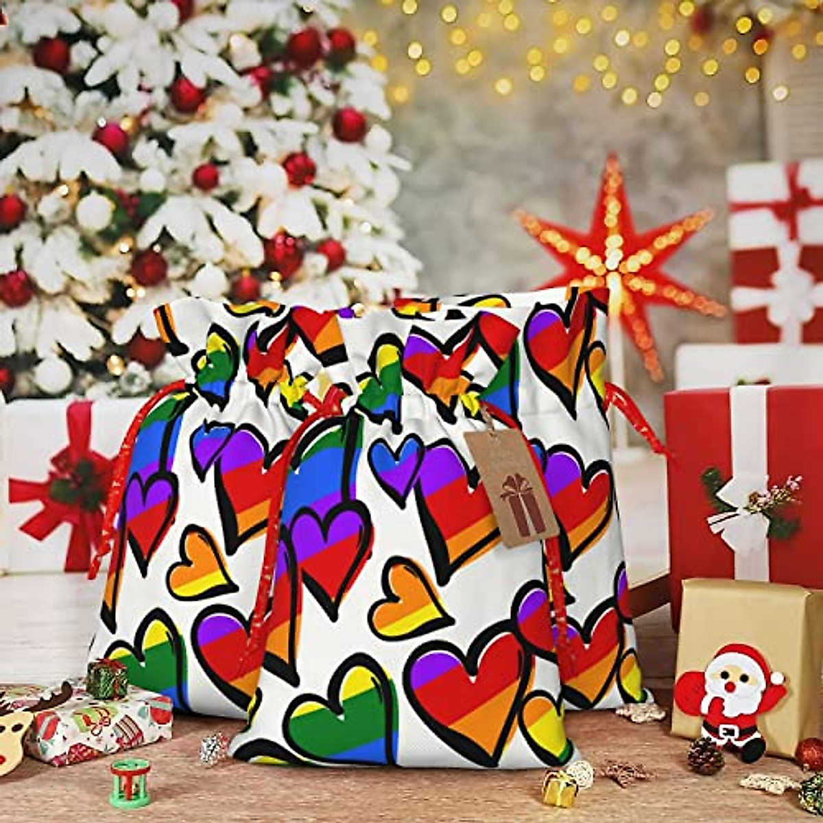 Rainbow Colored Gay Pride Heartschristmas Drawstring Gift Bag, Linen Drawstring Gift Bag, Reusable Drawstring Gift Bag, Used For Christmas, Birthday, Wedding Supplies