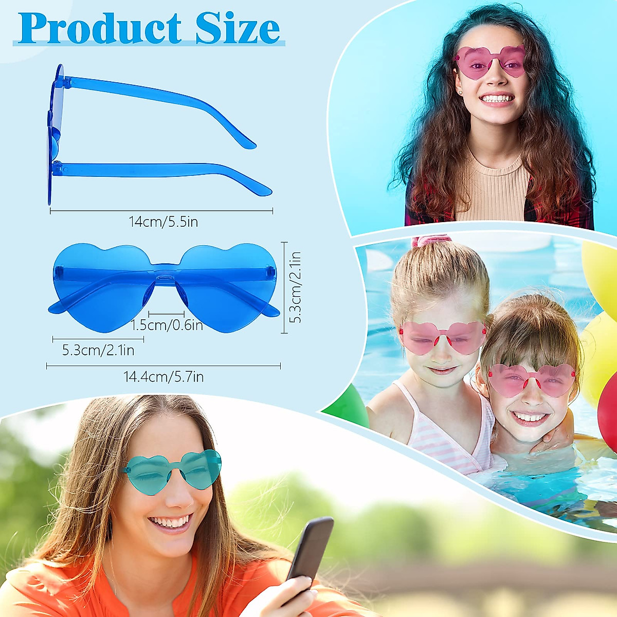 48 Pairs Heart Sunglasses Heart Shaped Frameless Glasses Trendy Candy Color Sunglass Eyewear for Bachelorette Party(Mixed Colors)