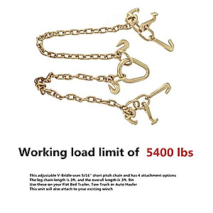 labwork Tow Chain Grade 70 Chain V-Bridle with RJT Cluster Hooks Tow Truck Winch Cable Pull Wrecker Recovery Grab