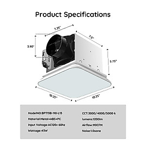 Fitop Bathroom Exhaust Fan with Light,Ceiling Mount Shower Ventilation Exhaust Fan with Light,110 CFM 1.0 Sones Bathroom Vent Fan with Light,43W Bathroom Fan 1200LM LED Light 3000K/4000K/5000K