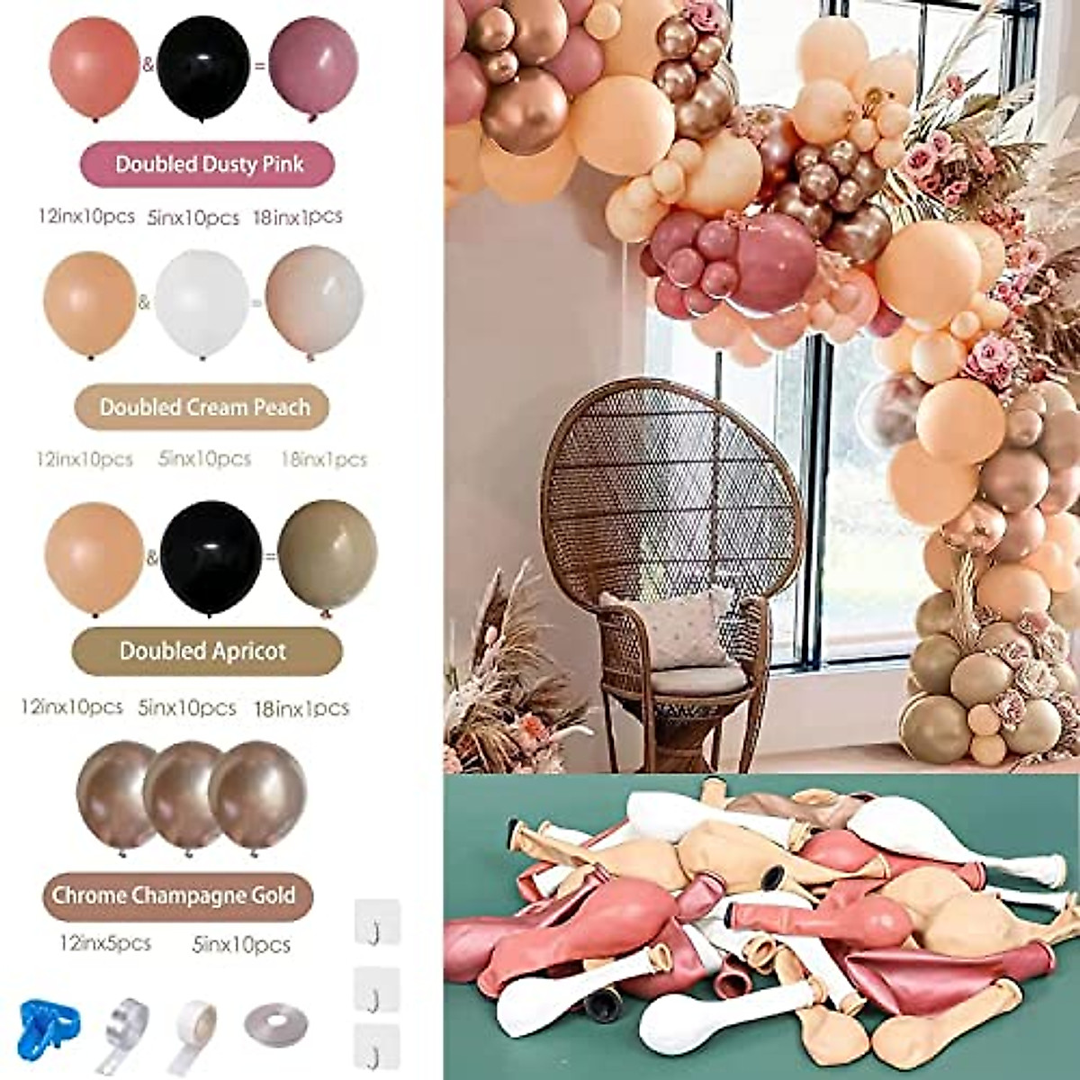 KUYT Balloon Arch Garland Kit,Blush Rose Gold Balloon Garland Double-Stuffed balloon arch stand for Retro Boho Wedding Baby Shower Bridal Engagement Anniversary Graduation Birthday Decorations