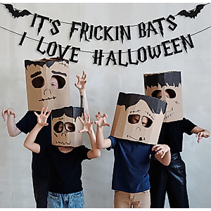 CAVLA Glitter It's Frickin Bats I Love Halloween Banner Black Glittery Halloween Garland Banner with Bat Signs Happy Halloween Party Decorations for Haunted Houses Home Wall Fireplace Party Supplies