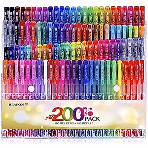 Gel Pens, Reaeon 200 Pack Pen with Case for Adult Coloring Books, 100 Color Markers Plus 100 Refills for Drawing Painting Writing.