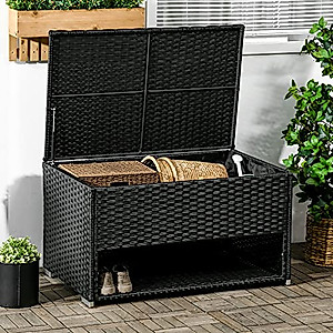 Outsunny Outdoor Deck Box & Waterproof Shoe Storage, PE Rattan Wicker Towel Rack with Liner for Indoor, Outdoor, Patio Furniture Cushions, Pool, Toys, Garden Tools, Black