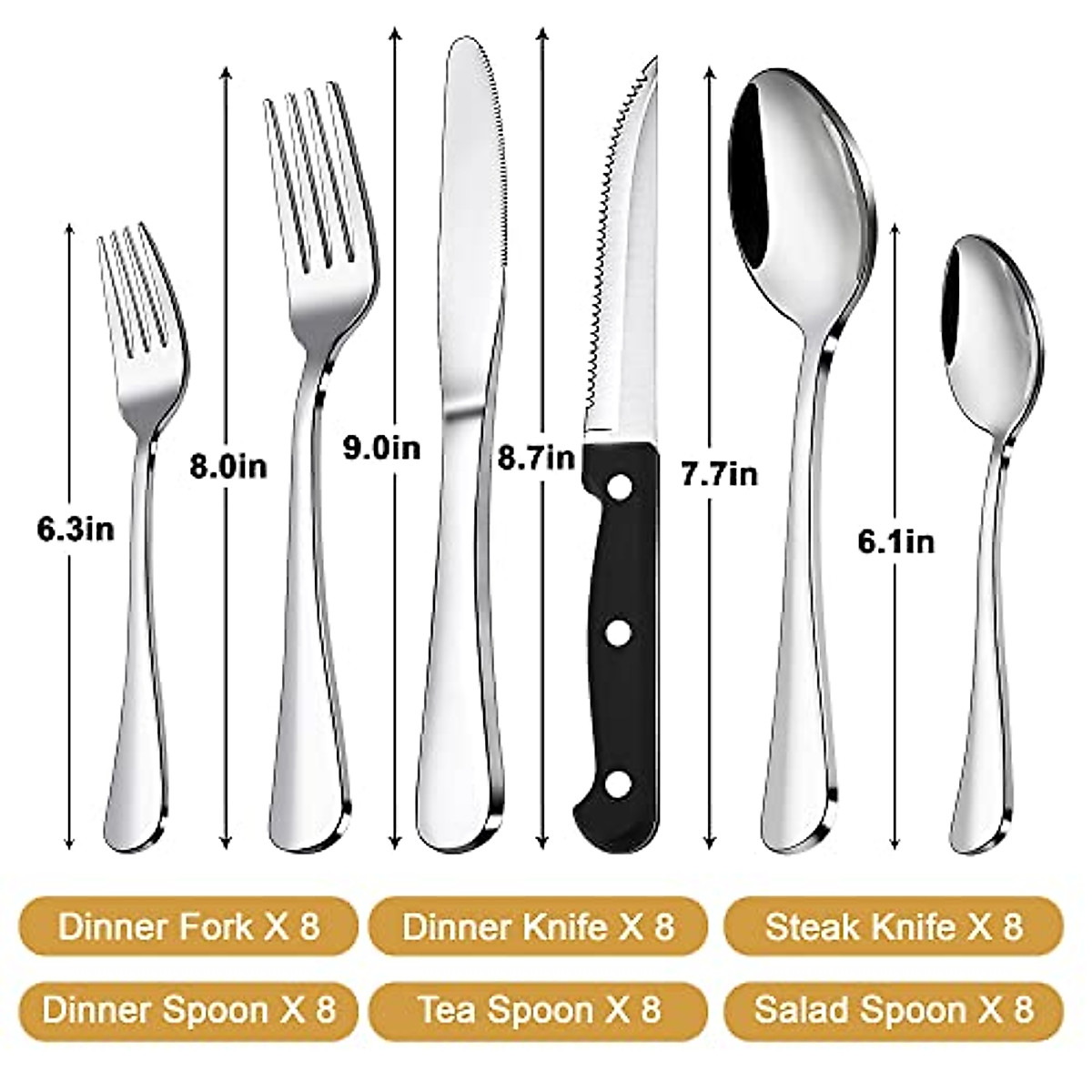 48-Piece Silverware Set with Steak Knives for 8, Stainless Steel Flatware Cutlery Set For Home Hotel, Kitchen Utensils Set Include Fork Knife Spoon, Mirror Polished, Dishwasher Safe
