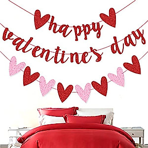 Red Glittery Happy Valentines Day Banner and Red Pink Glittery Heart Garland Banner Valentines Day Decorations No DIY Romantic Paper Garland Banner Valentine Day Bunting Photo Props