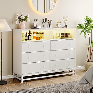 Jojoka Wide Dresser for Bedroom with Charging Station, 6 Drawer Dresser with LED Lights, Modern Large Capacity Storage Cabinet, Closet,White