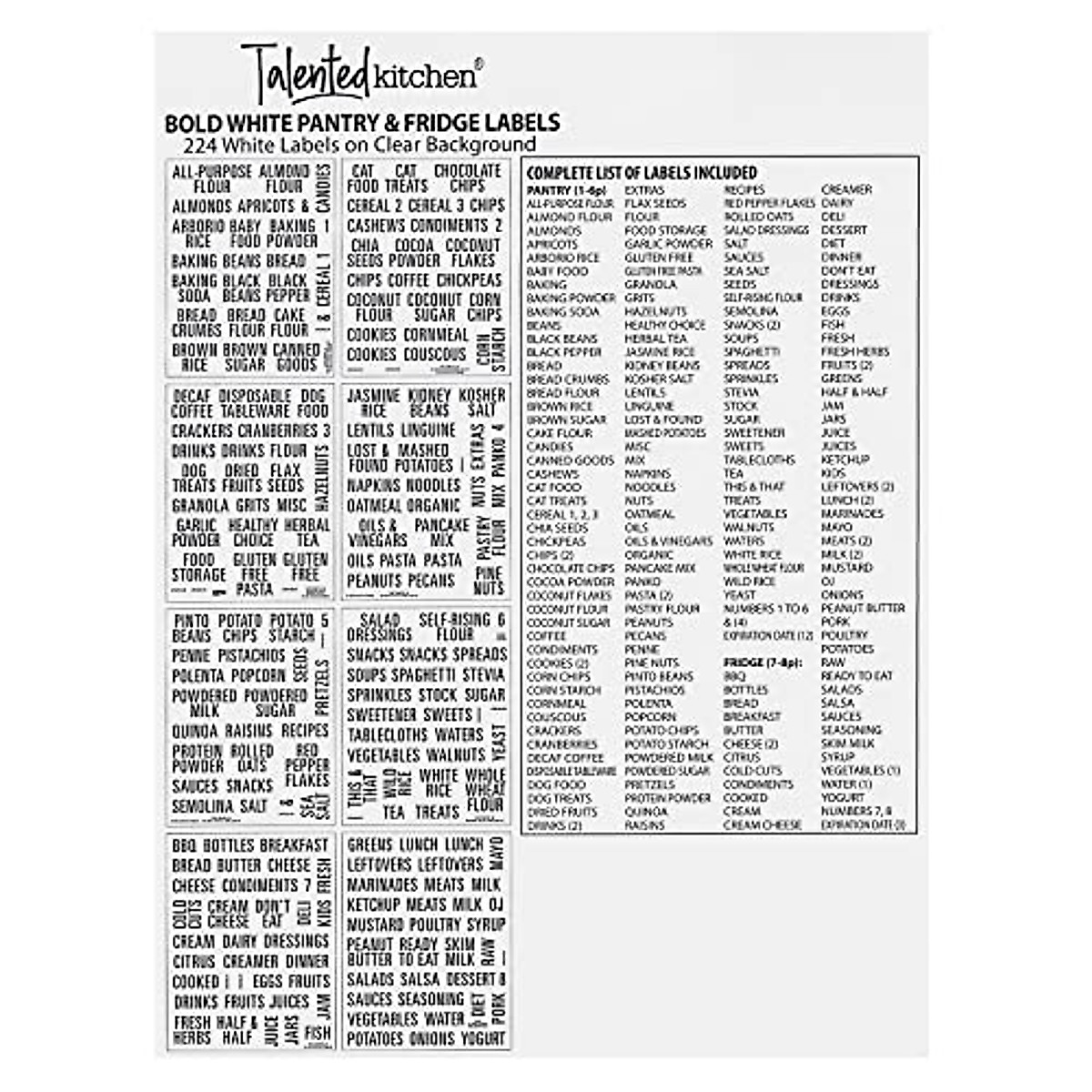 Talented Kitchen 224 White Pantry Labels & Fridge – All Caps Kitchen Pantry Names & Fridge – Food Label Sticker, Water Resistant Pantry Labels for Containers Jar Labels Pantry Organization and Storage