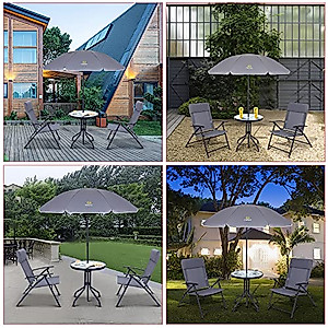 Nice C 3 Piece Patio Dining Set, Garden Outdoor Furniture Table Set with Tilted Removable Umbrella, Glass Table, and 2 Folding Chairs (Grey)