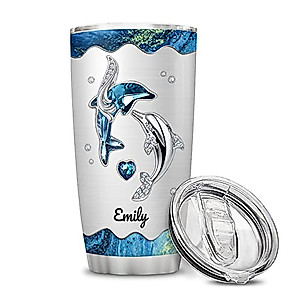 Wassmin Personalized Dolphin Tumbler Cup With Lid 20oz 30oz Custom Name Animal Stainless Steel Double Wall Vacuum Insulated Tumblers Coffee Travel Mug Birthday Christmas Customized Gifts Women Girls