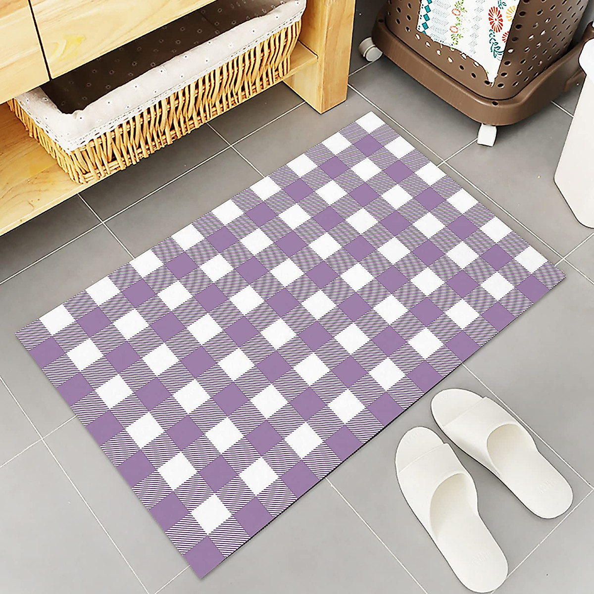 Kitchen Rugs, Purple and White Buffalo Check Plaid Gingham Farmhouse Decoration Non Slip Runner Rug Mat for Floor, Kitchen, Bedside, Sink, Office, Laundry, Set of 2