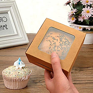 50 Pack Brown Bakery Boxes, 4x4x2.5 Inches Small Pastry Treat Boxes with Window Gift Packaging Boxes for Cookies, Pastries, Mini Cakes, Donut, Pie Slice, Stickers Included