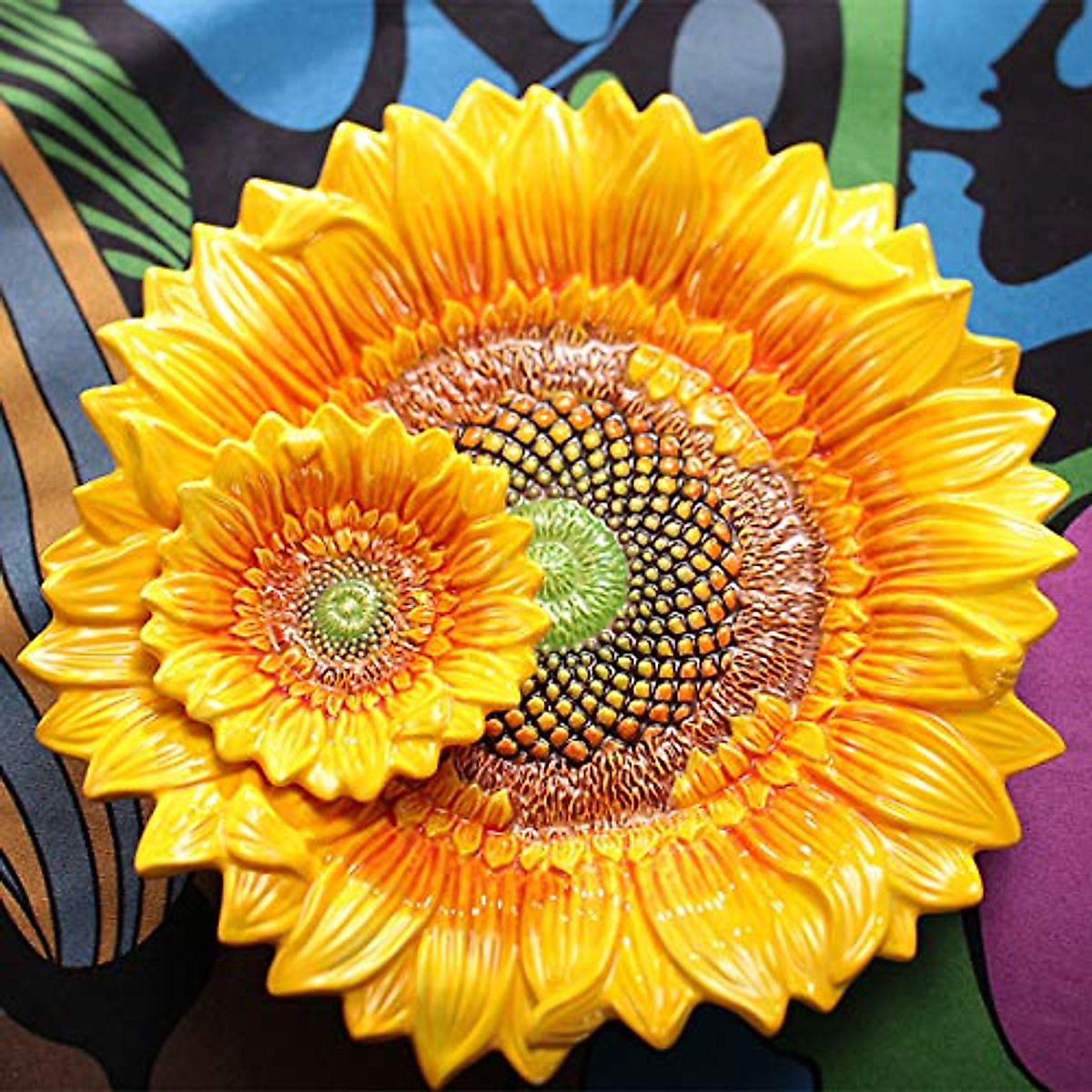 FORLONG Ceramic Chip & Dip Platter, Double Layer Handpainted Yellow Sunflower Design -11.4 inches