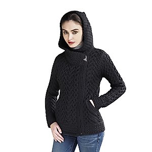 Aran Crafts Women's Cable Knit Comfortable Side Zip Hoodie (HD4916-MED-BLAC) Black