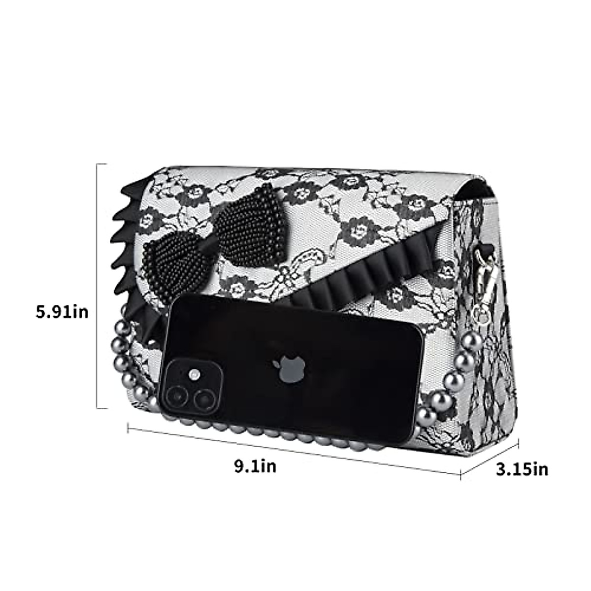 GripIt Lace Lolita Shoulder Crossbody Bag Bow-Knot Clutch Purses with Pearl Handle Chain for Women Girls Party Evening Handbag,Black