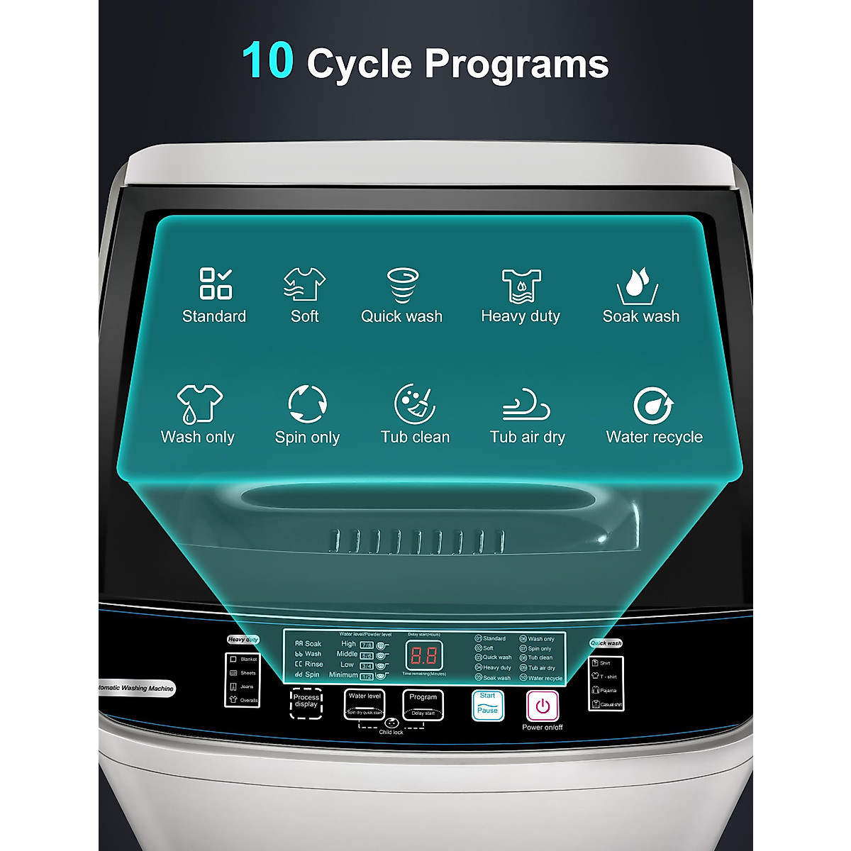 Portable Washing Machine - Compact 2.3 Cu.ft Portable Washer, Full-Automatic Top Loader for Space Saving, Ideal for Apartments, Homes, and Dorms, 10 Wash Cycles, Low Noise, IPX4