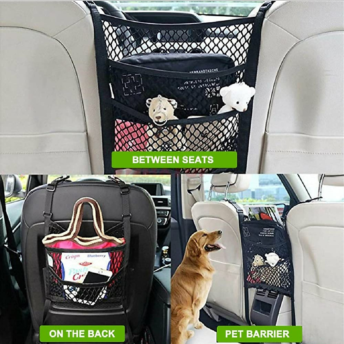 3-Layer Car Net Organizer, Universal Back Seat Mesh Bag, Barrier of Backseat Pet Children Kids, Cargo Tissue Wallet Handbag Holder, Driver Storage Netting Pouch