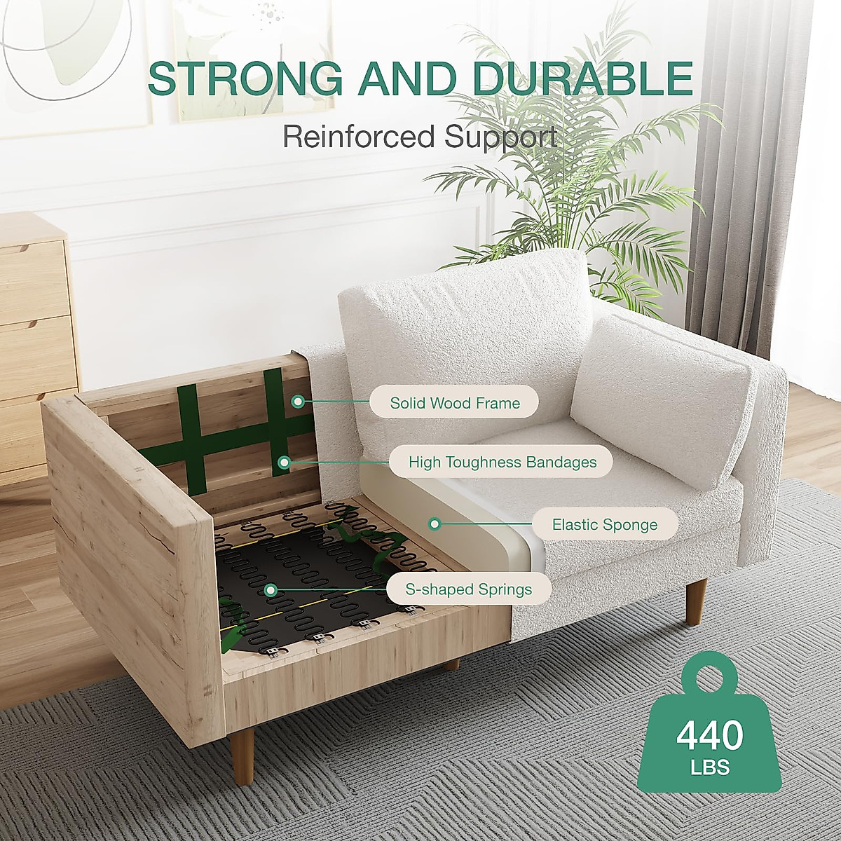 Novilla 64" Loveseat Sofa Couch, Comfy Sofa Couch with Extra Deep Seats, Fabric Upholstered Loveseat Sofa, Couch for Living Room Apartment Lounge, White