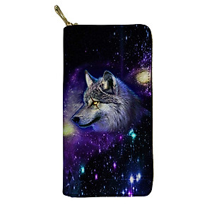 Poceacles Galaxy Space Wolf Print Women's Wallet,Durable Long Leather Coin Money Purse,Waterproof Card Holder Pouch Zip Around