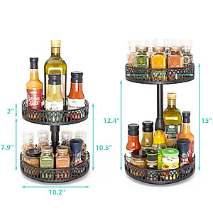 Y&M 2 Tier Lazy Susan Turntable, Height Adjustable Spice Organizer, 9.5” & 10” Round Metal Rotating Spice Rack, Spice Jars Storage Holder for Snack Pantry Cabinet Bathroom Countertop Kitchen - Black