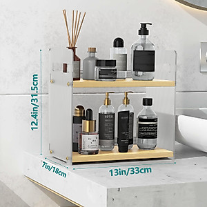 FSyueyun 2 Tier Bathroom Countertop Organizer, Wooden Vanity Shelf for Makeup, Skincare, Perfume, and Kitchen Spice Rack Tray (Beige)