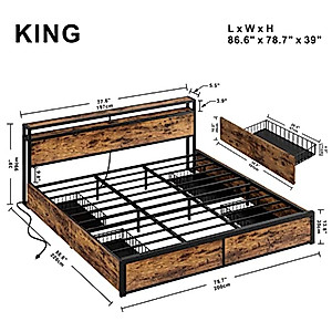 LIKIMIO King Bed Frame with Storage Drawer, 2-Tier Storage Headboard with Charging Station, No Box Spring Needed, Easy Assembly, Vintage Brown