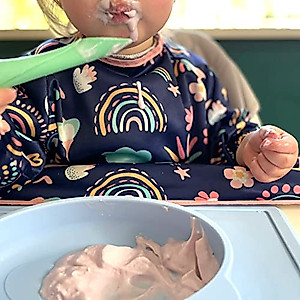 Nooni Care Baby Bibs for Eating | Rainbow Blue | Long Sleeve Bib can be Clipped to the Table | Long Sleeve Bibs for Babies keeps your Baby Cleaner than a Baby Apron | Coverall Bib for Baby Eating