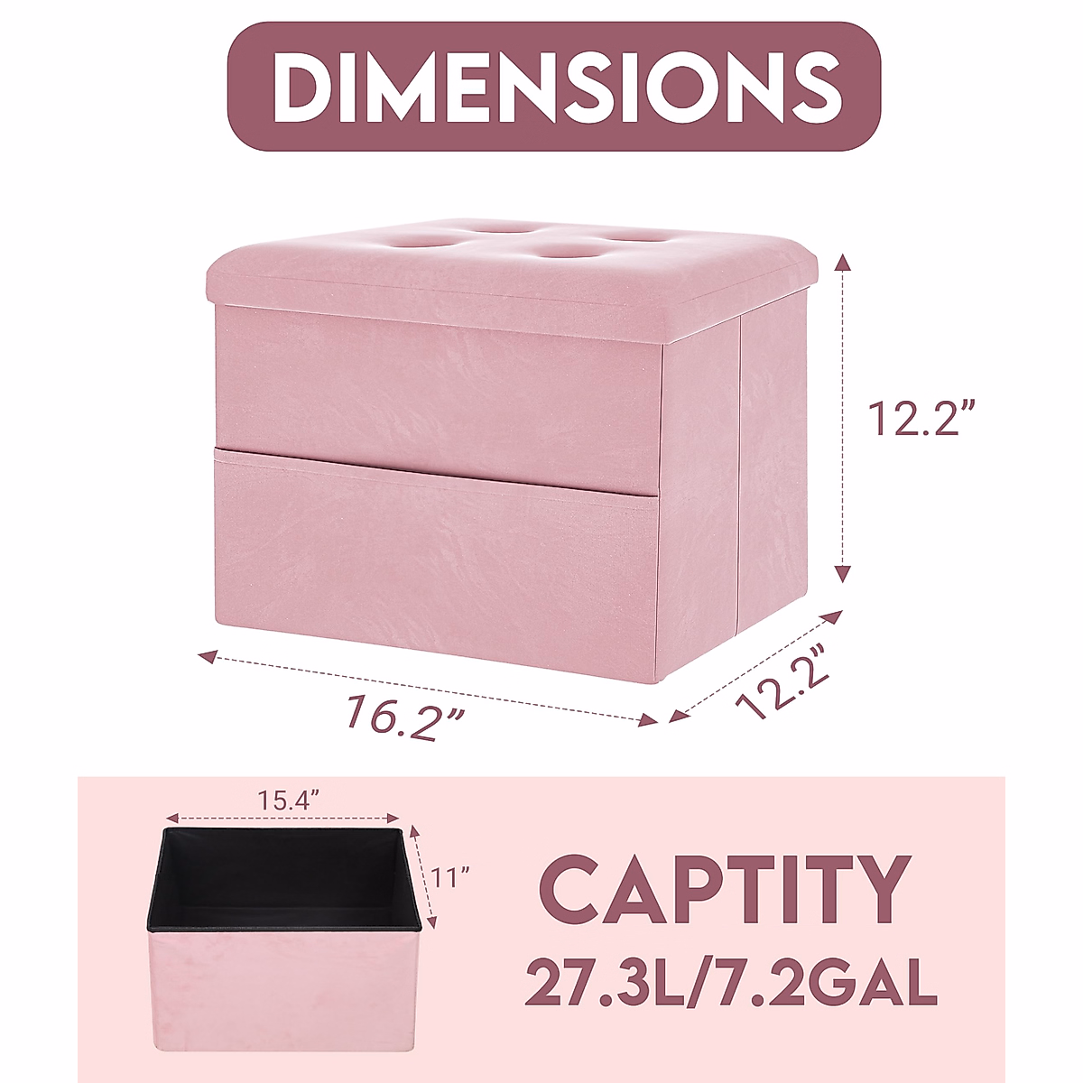 ZOES HOMEWARE Small Storage Ottoman Foot Rest, Velvet Ottoman with Storage and Side Pocket, Pink Foot Rest for Couch, Foldable Footstool Ottoman for Chair,Living Room&Dorm, 16"x12"x12" Pink