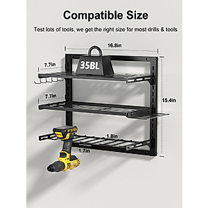 Power Tool Organizer Wall Mount, Tool Storage Rack with 4 Drill Holder, Tool Holder Bears 35lbs, Tool Shelf with Screwdriver, 3-Tier Adjustable Height Tool Rack for Garage Organization and Workshop