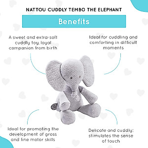 Nattou Cuddly Plush Toy Tembo The Elephant - Promotes Motor Skills, Easy Care, Extra-Soft Material, Machine Washable - Grey, 11 inches