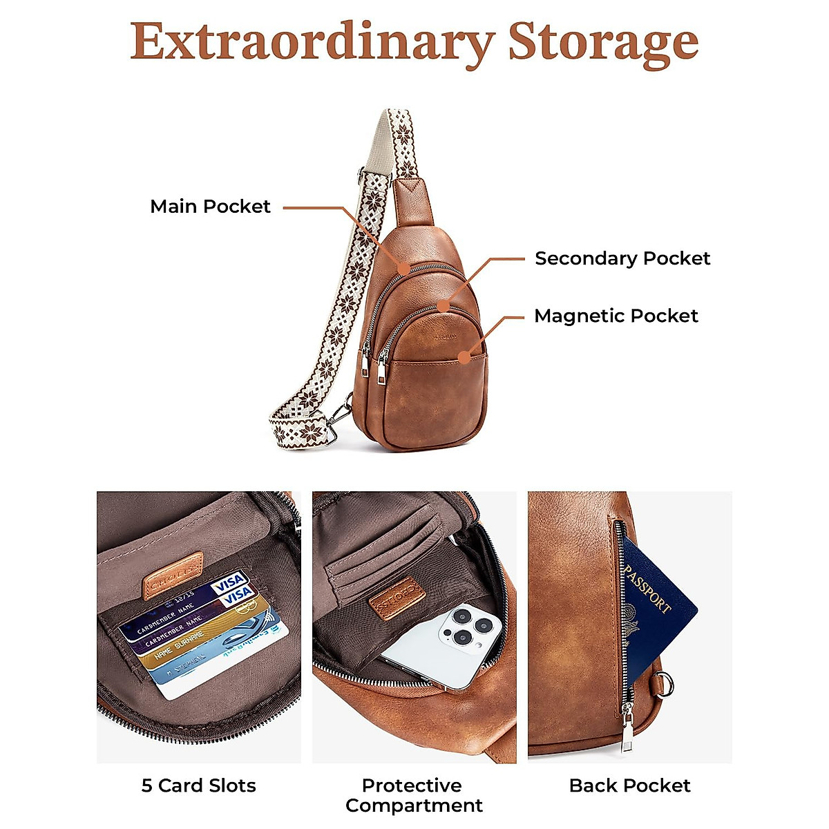 CHOLISS Small Sling Bag for Women Leather Crossbody Fanny Packs Chest Bag for Women, Brown