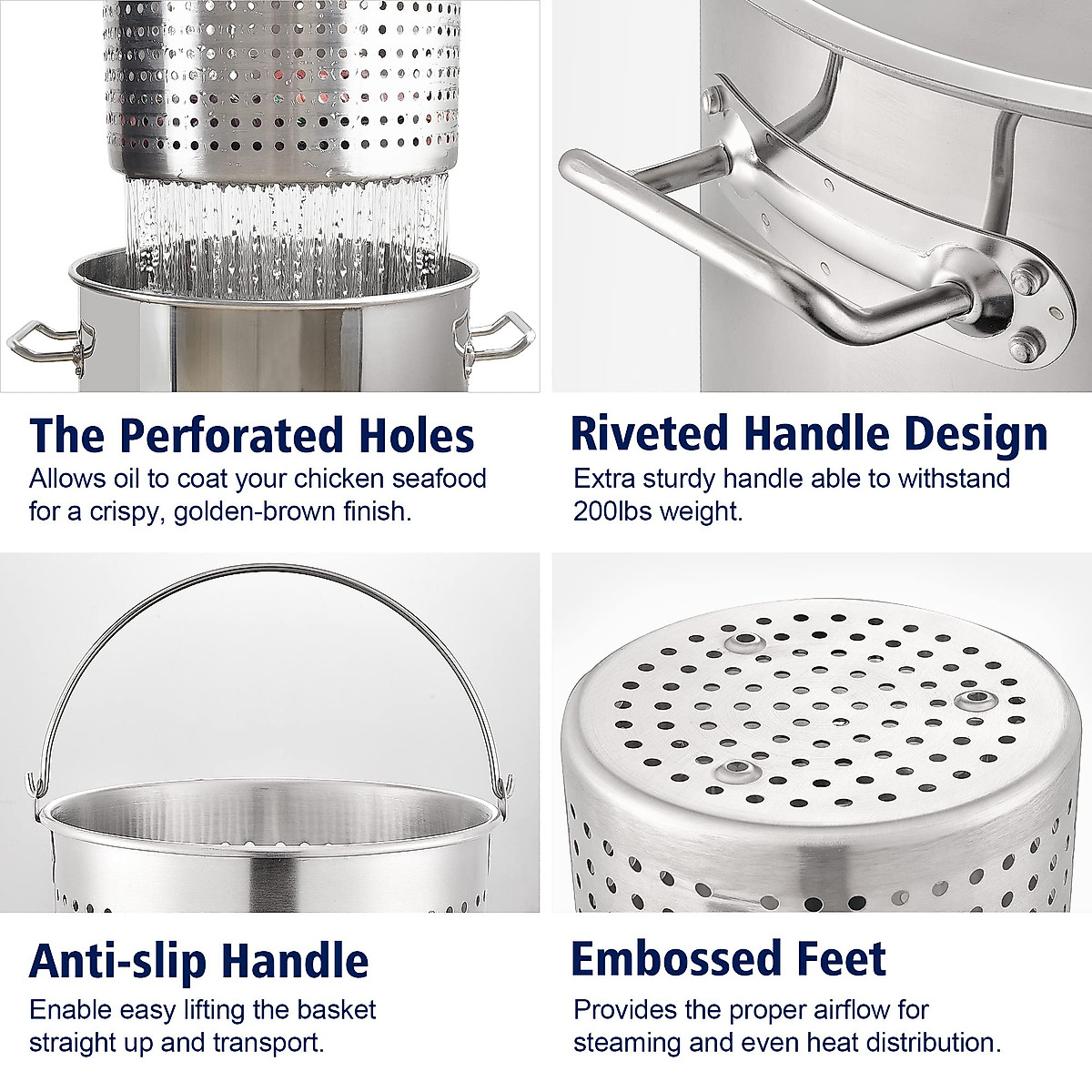 ARC 40QT Stainless Steel Stock pot 6-Piece For Seafood Boil Pot with Basket and Steamer Rack,Cookware for Crawfish Crab Shrimp Lobster Boiling Pot, Turkey Fryer Pot, Tamale Steamer Pot with Strainer