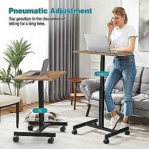 DUMOS Small Standing Desk Mobile Portable Rolling Laptop PC Table on Wheels Adjustable Height Computer Workstation for Home Office, 19 Inch, Brown