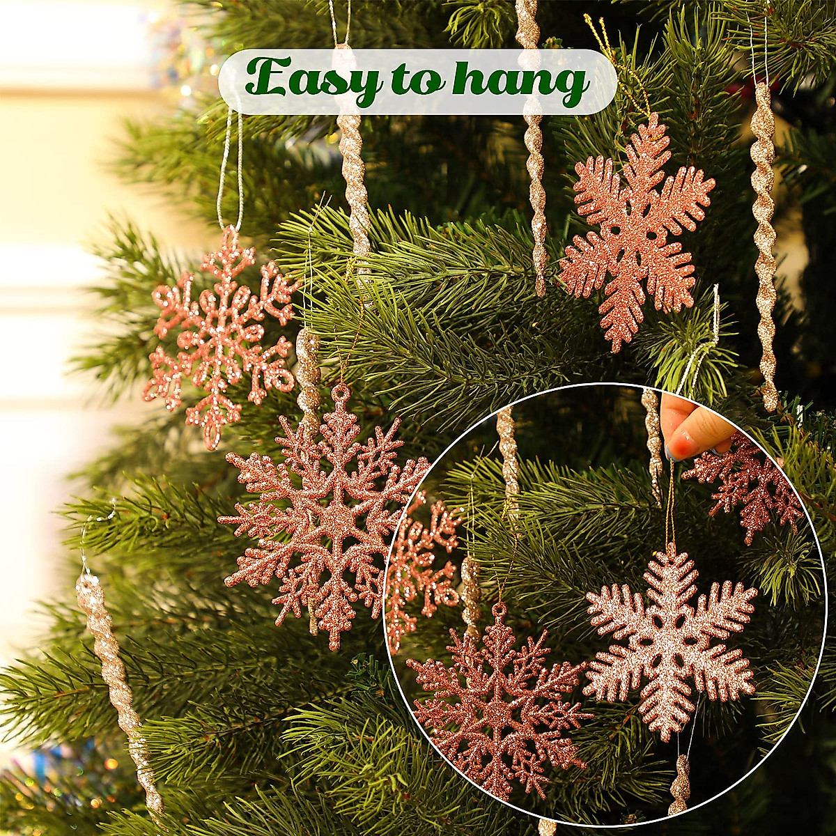 48 Pieces Christmas Snowflake Icicle Ornaments Set Plastic Glitter Icicle Snowflake Tree Ornaments Aluminum Spiral Strip Hangings Ornaments for Christmas Holiday Wedding Party Decoration (Rose Gold)