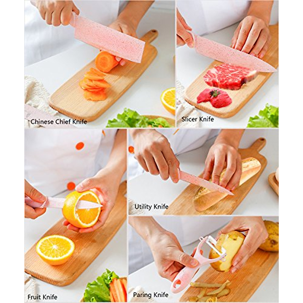 Bonaweite Pink Knife Set, Pink Knife Set With Block, Pink Kitchen Knife Set, Pink Kitchenware Knives, Chef Pink Cooking Knife Set, Wheat Straw Stainless Steel Pink Knives Kitchen Ware