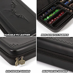 CASEMATIX Dice Box and Card Case for 9 Sets of RPG Dice, Spell Cards, Counters and Other Accessories - Hard Shell Dice Holder with Embossed Dragon Design, Carry Handle and Dice Tray Functionality